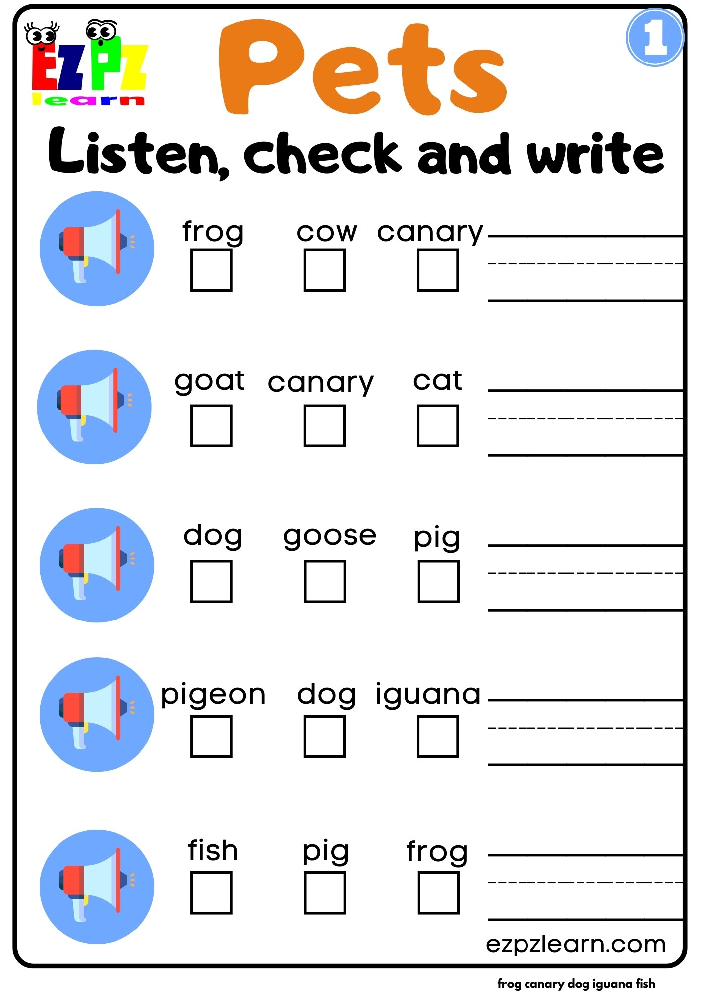 Interactive Worksheet for Pets Listen Check and Write Activity for Kids ...